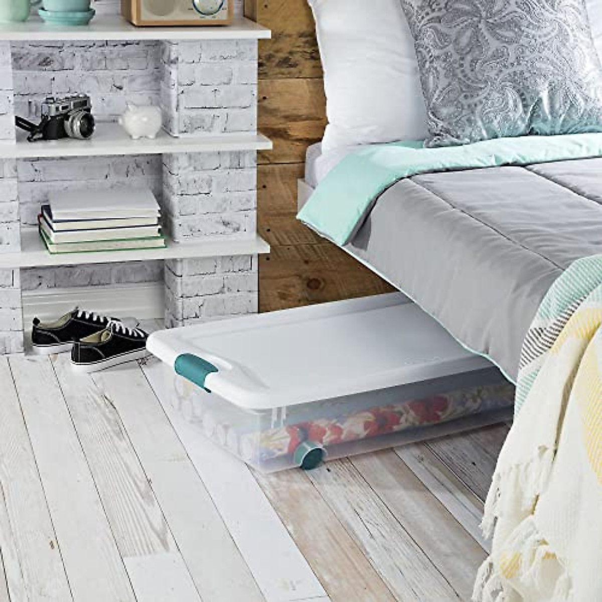 Sterilite 56 Quart Latching Stackable Under Bed or Closet Storage Box Container Bins with Secure Lid and Wheels, Clear (12 Pack)