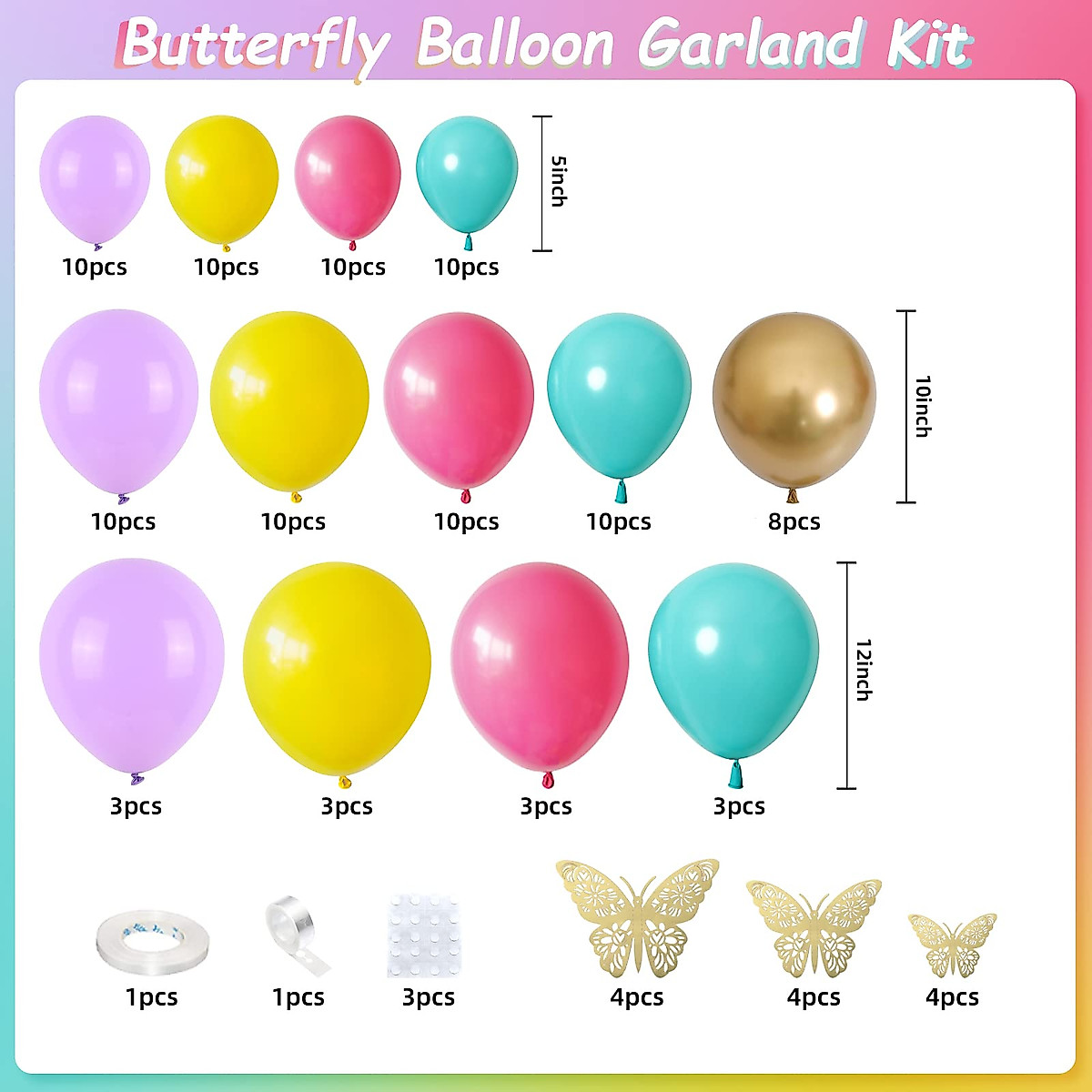Magic Balloon Garland Arch Kit 103 Balloons Set Purple Blue Rose Red Yellow Gold Metallic Balloons 12Pcs Butterfly Stickers Decorations for Birthday Party Wedding Baby Shower Decor Supplies