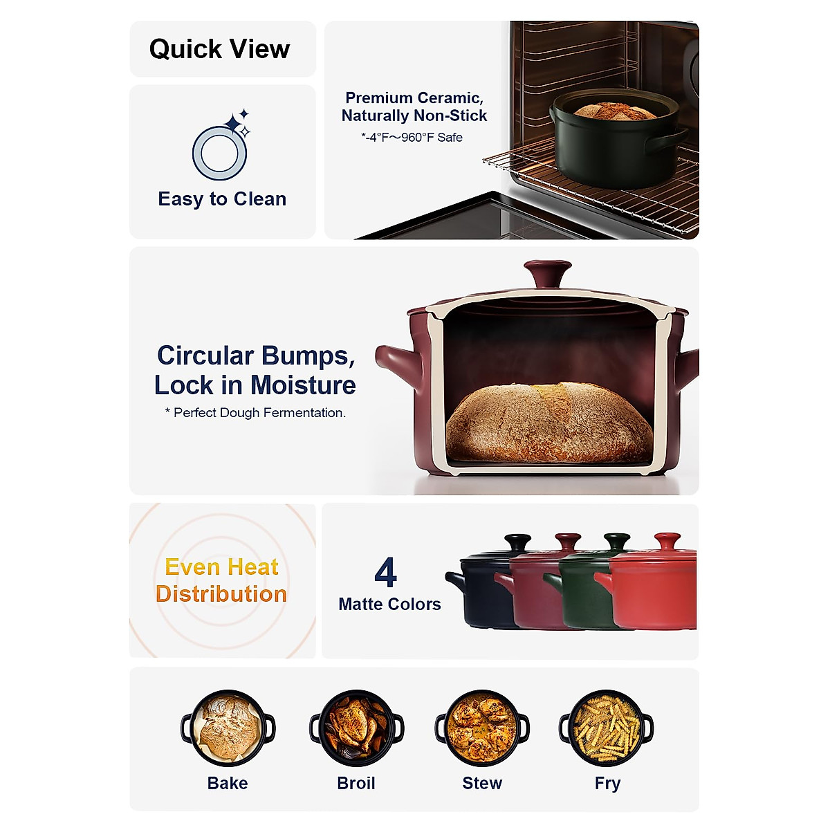 LE TAUCI 3 Quart Dutch Oven Pot with Lid, for No Knead Bread Baking, Sourdough Loaf, Non-Coated & Non-Toxic Ceramic Small Bread Oven Pan, Use as Non-Stick Soup & Stew Pot, Burgundy Red