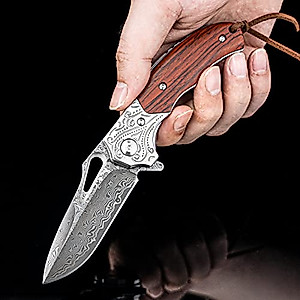 NedFoss Damascus Pocket Knife for Men, 6.5" Handmade Forged VG10 Damascus Steel Folding Knife with Retro Leather Sheath, Sandalwood Handle, EDC Cool Knives for Mens Gift