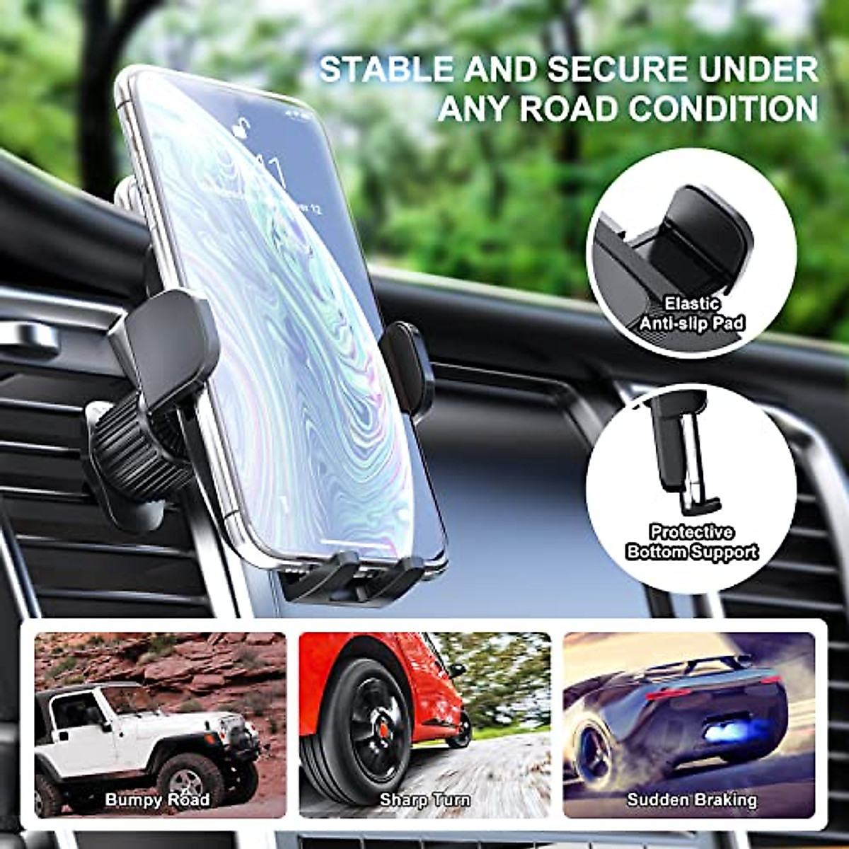 IKOPO Car Vent Phone Mount - Universal Air Vent Holder Clip Sturdiest Shockproof Mobile Cell Phone Mount Handsfree Stand Cradle for iPhone, Samsung, LG and More
