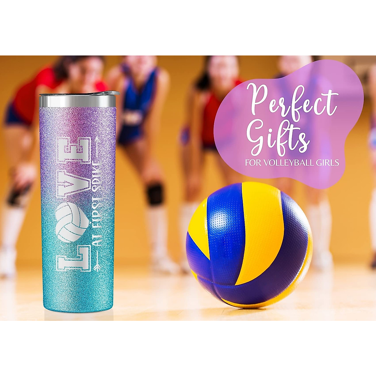 Onebttl Volleyball Gifts for Teen Girls & Team, Stainless Steel Kids Volleyball Tumbler, Double Wall Vacuum Insulated Bottle with Lid and Straw 20oz - Love at first Spike (Glitter Purple Blue)