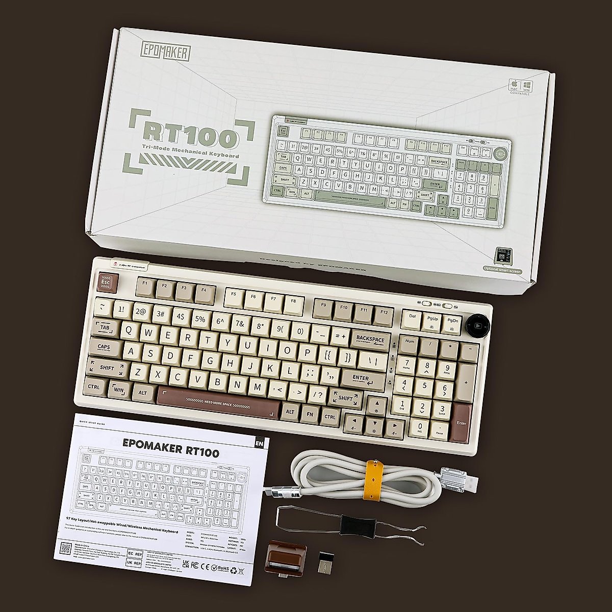 EPOMAKER RT100 Mechanical Keyboard, Retro Gaming Keyboard, with Display Screen, BT5.0/2.4G/USB-C 97 Keys Gasket Custom Keyboard, Hot Swappable, RGB Backlit, with Knob for Win/Mac (Gateron Pro Yellow)