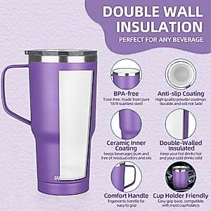 20 oz Insulated Coffee Mug with Ceramic Coating, Stainless Steel Travel Mug Tumbler with Handle Lid and Straw, Double Wall Leak-Proof Thermos Coffee Travel Mug Keeps Drink Hot and Cold (Purple)