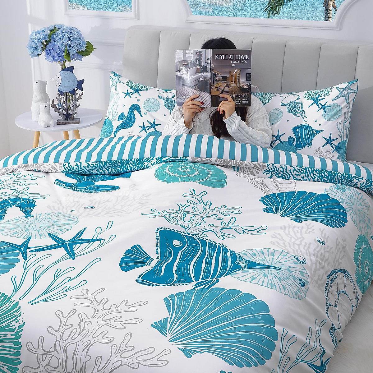 ASPMIZ 3 Piece Ocean Duvet Cover Queen Size Set, Double Side Reversible Soft Sea Coastal Queen Duvet Cover with Zipper Closure, Blue Comforter Cover Set, 1 Duvet Cover 90 x 90 inches & 2 Pillow Shams