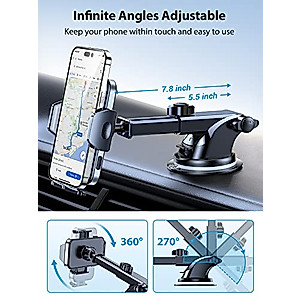 VICSEED Phone Mount for Car [𝗦𝘁𝗿𝗼𝗻𝗴 𝗦𝘂𝗰𝘁𝗶𝗼𝗻][𝗟𝗼𝗻𝗴 𝗔𝗿𝗺] Super Stable Car Phone Holder Mount for All Phones with Thick Cases 3 in 1 Universal Cell Phone Holder Mount