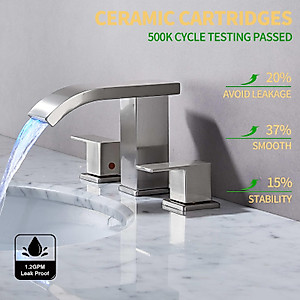 Skybathjoy LED Light Waterfall Bathroom Faucet 3 Hole, Brushed Nickel 8 Inch Widespread Bathroom Faucets & Parts, Modern 3 Piece Bathroom Sink Faucet, Touch On Faucet for Bathroom Vanity