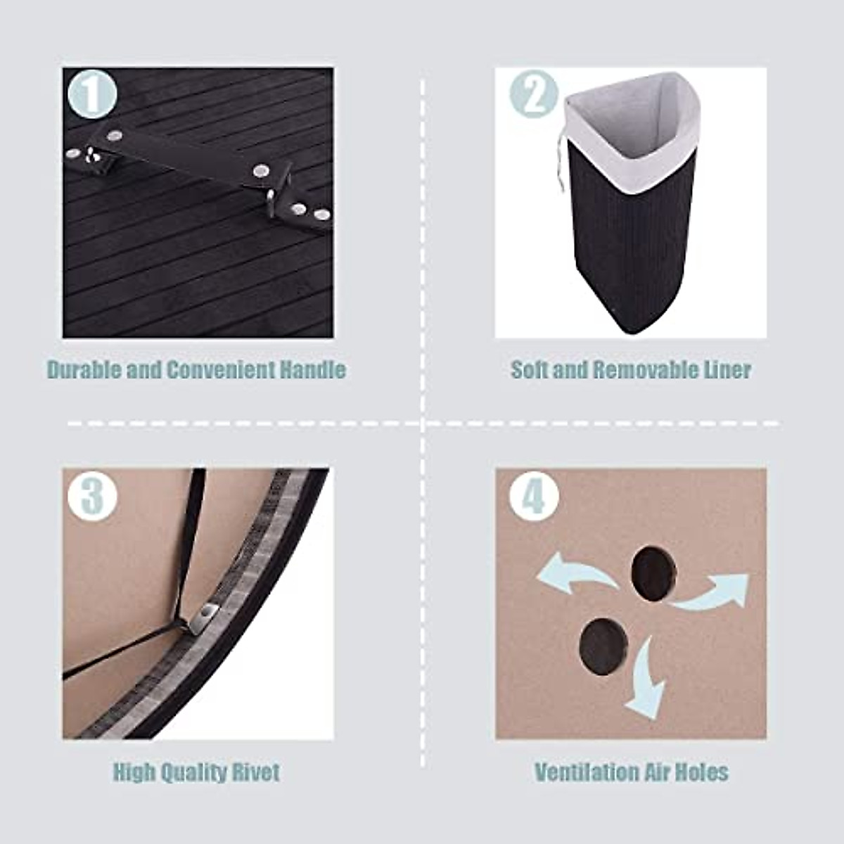 Julimoon Laundry Hamper with Lid, Bamboo Laundry Basket with Removable Liner and Handle, Clothes Basket for Laundry Organize, Clothes Storage Bin for Bedroom, Laundry, Living Room (Black)