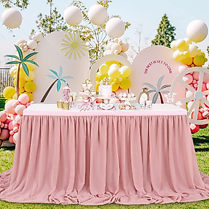 14FT Dusty Rose Chiffon Table Skirt Sheer Rectangle Tablecloth for Wedding 1st Baby Girl Birthday Party Bridal Shower Decoration