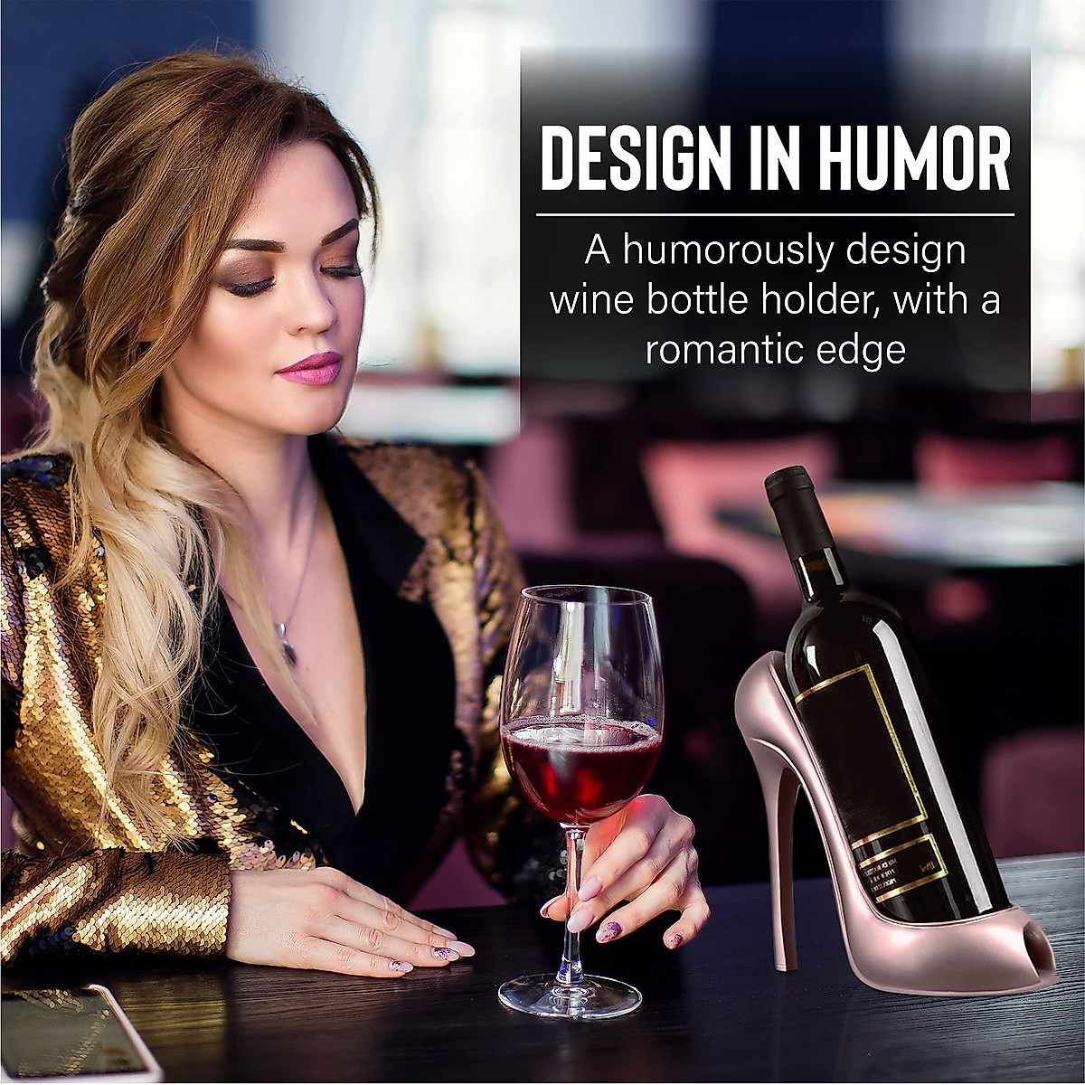 Trovety Shoe Wine Rack Holder - Bottle Keeper with High-Heel Design - Display & Storage Accessories - Table Centerpiece & Home Decorations for Kitchen, Restaurant, Bar (Rose Gold)