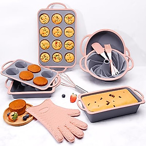 Silicone Bakeware Sets, 10in1 Silicone Baking Pans Set, Baking Set, Bundt Cake Pan Set Muffin Pan with Silicone Spatulas Pastry Brush Oven Mitts Whisk, Silicone Baking Pan Set for Cheesecake (Pink)