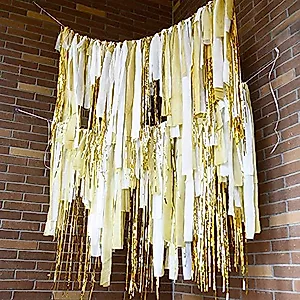 melody fantasy White Gold 200 Plastic Strips Streamer Backdrop, DIY Streamers Pastel Ribbon Fringe Curtain Backdrop for Birthday Bachelorette Wedding Baby Shower Party Decorations (NOT Pre-Assembled)