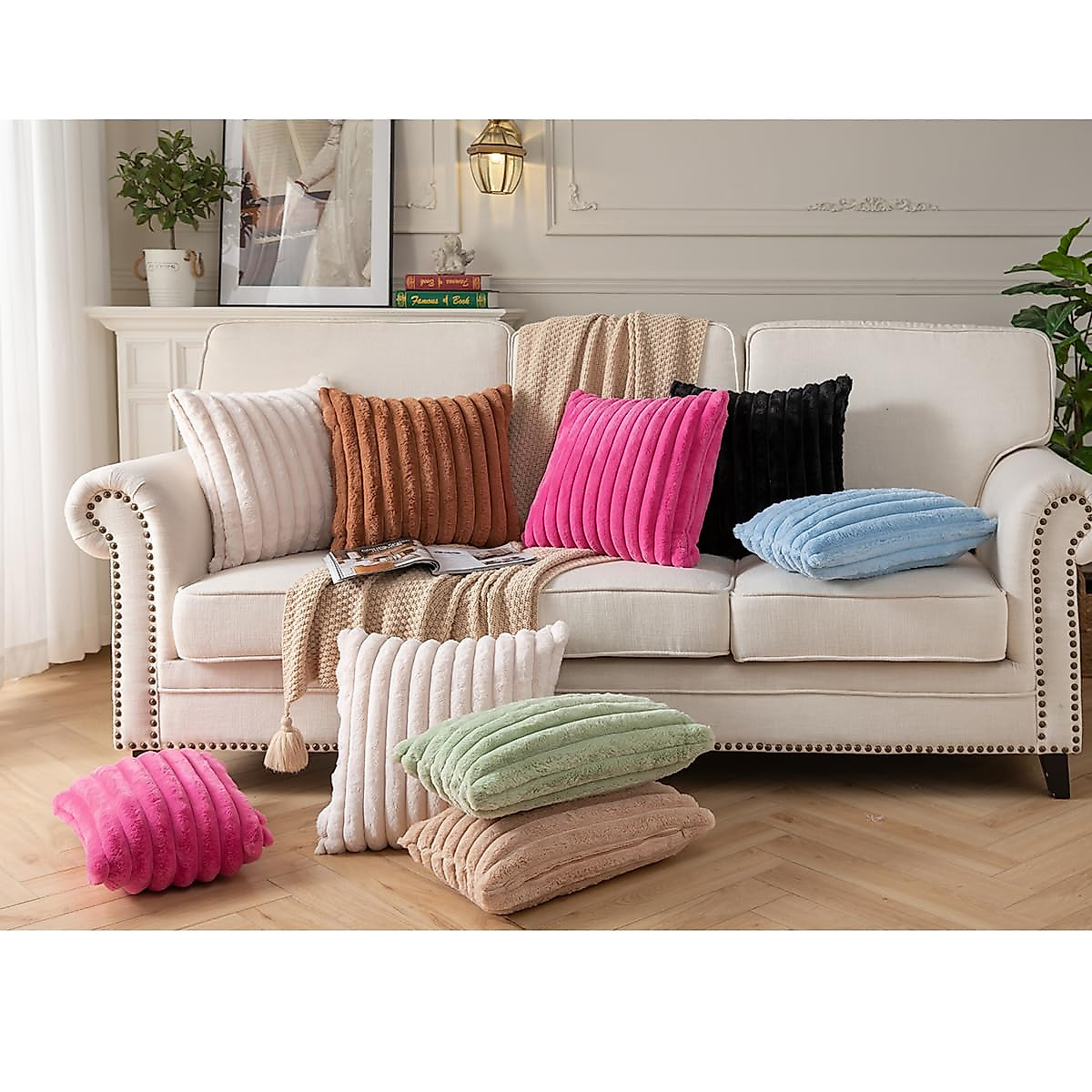 DEELAND Pack of 2,Double-Sided Faux Fur Plush Decorative Throw Pillow Covers Fuzzy Striped Soft Pillowcase Cushion Covers for Sofa Couch Bedroom Beige 16x16 inch