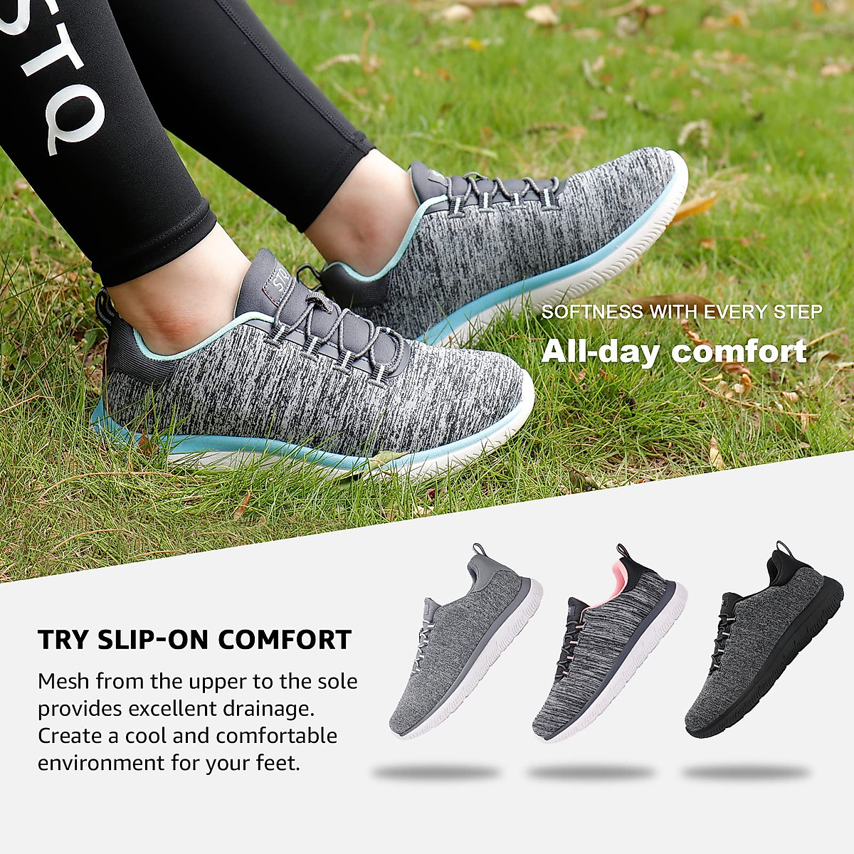 STQ Slip On Fashion Sneakers for Women Lightweight Walking Breathable Non Slip for Gym Workout Comfortable Grey Aque 7.5