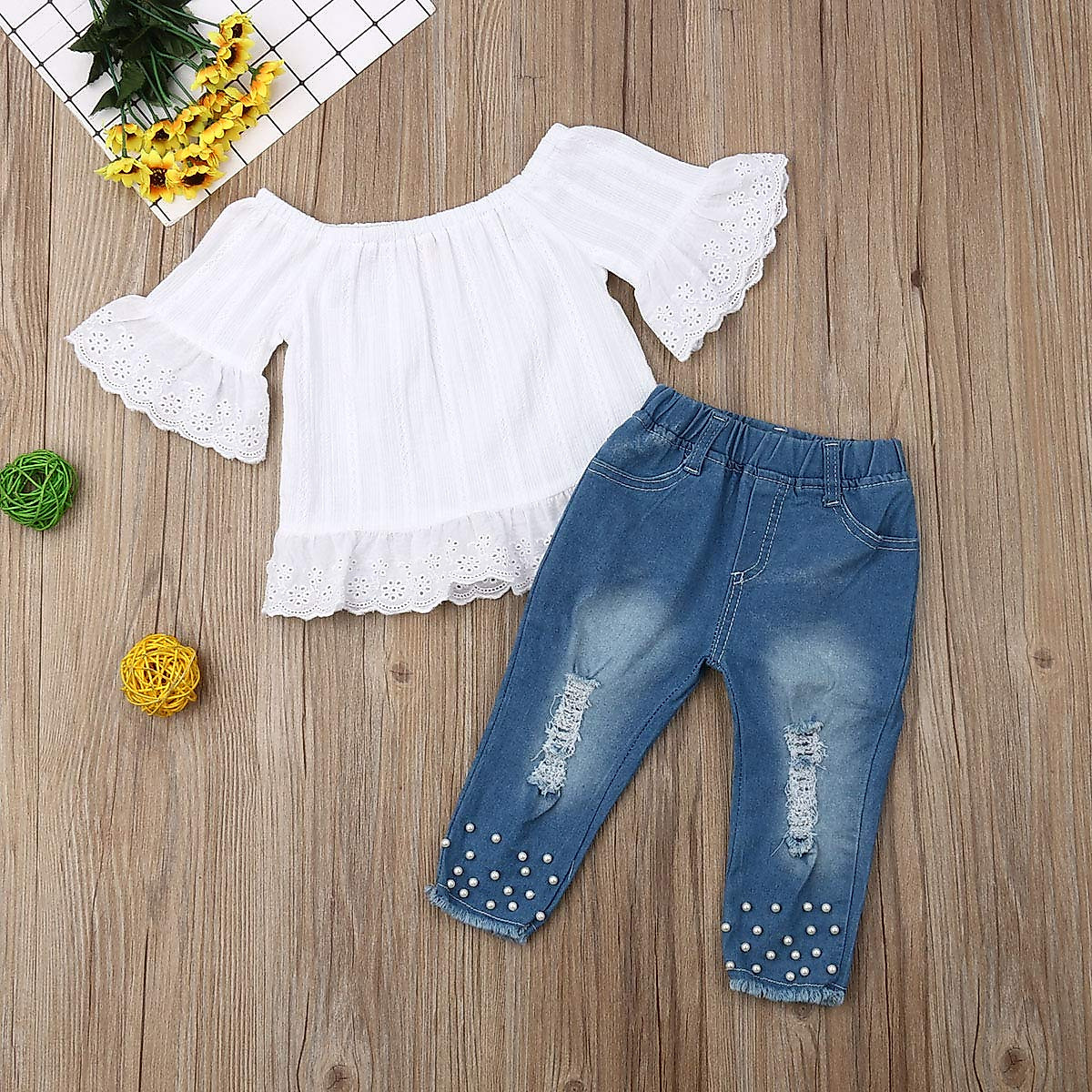 Kids Toddler Baby Girl Pants Set Off Shoulder Short Puff Sleeve Lace T-Shirt Sweatshirt Tops with Pearl Ripped Jeans Clothes Outfit (White, 5-6 Years)
