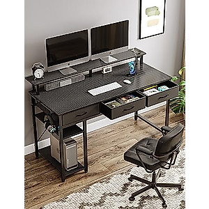 Rolanstar Computer Desk with Power Outlets & LED Light, 47 inch Home Office Desk with 3 Drawers and Storage Shelves, Writing Desk with Monitor Stand, Modern Work Desk for Home Office, Carbon Black