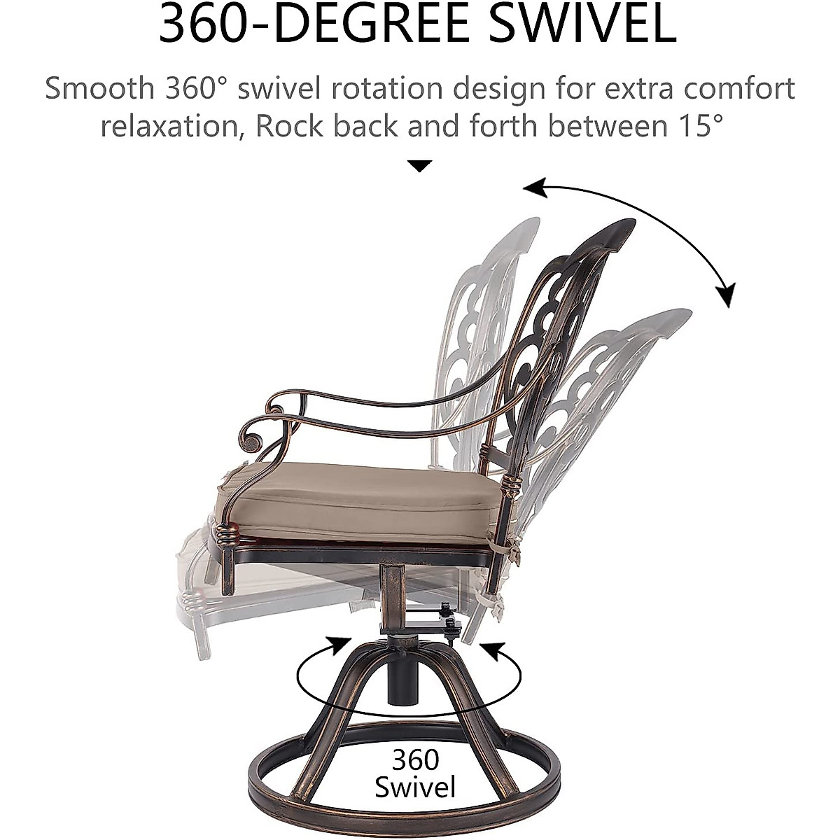 TITIMO 7 Piece Cast Aluminum Patio Dining Set, Outdoor Dining Furniture Patio Table and Chairs Set,6 Floral Pattern Swivel Rocker Chairs with Cushions (Khaki)