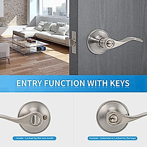 Front Door Handles with Keys and Locks Satin Nickel Finish, Keyed Alike Entry Door Levers One Keyway Lockset for Interior Bedroom Bathroom or Exterior Doors, Home/Office Use, Pack of 3