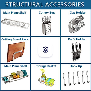Loyalfire Over Sink Dish Drying Rack, 3 Tier Adjustable Length (20.87''~37.6'') Full Stainless Steel Large Storage Kitchen Dish Rack, Expandable Shelf Rack with Utensil Holder, Cup Hanging Set