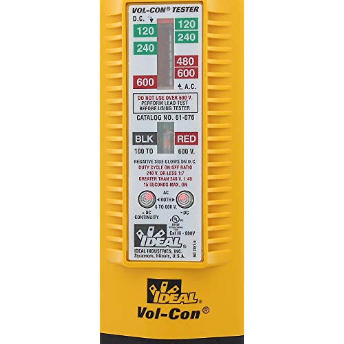 IDEAL INDUSTRIES INC. 61-076 Vol-Con Solenoid Voltage Tester with Vibration Mode, AC/DC Voltage Level Testing, CATIII for 600v, Yellow