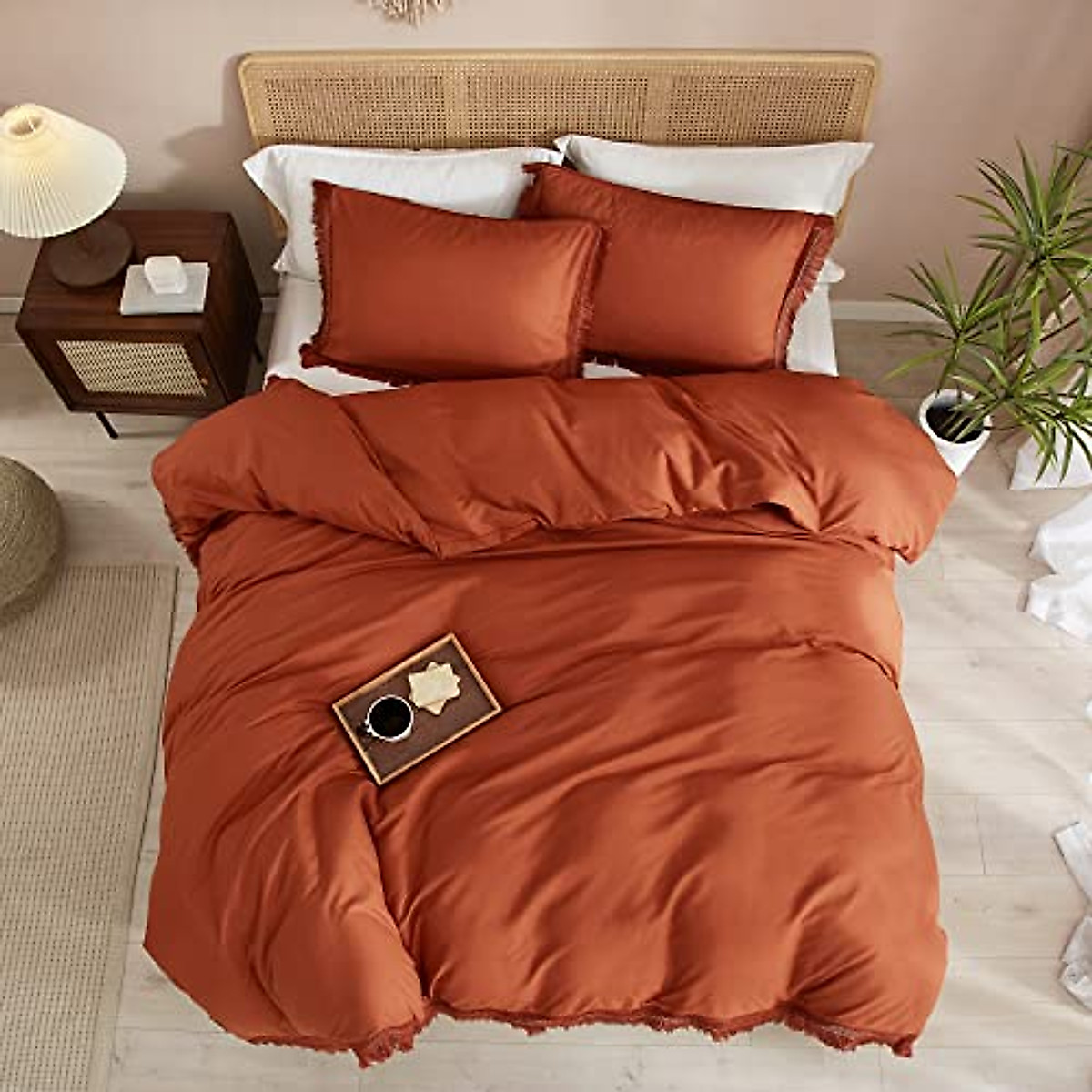 Smoofy Queen Duvet Cover Terracotta Duvet Cover Queen Size, 3 Pieces Bohemian Fringe Tufted Soft Tassel Microfiber Burnt Orange Duvet Cover with Zipper Closure (1 Rust Duvet Cover, 2 Pillowcases)