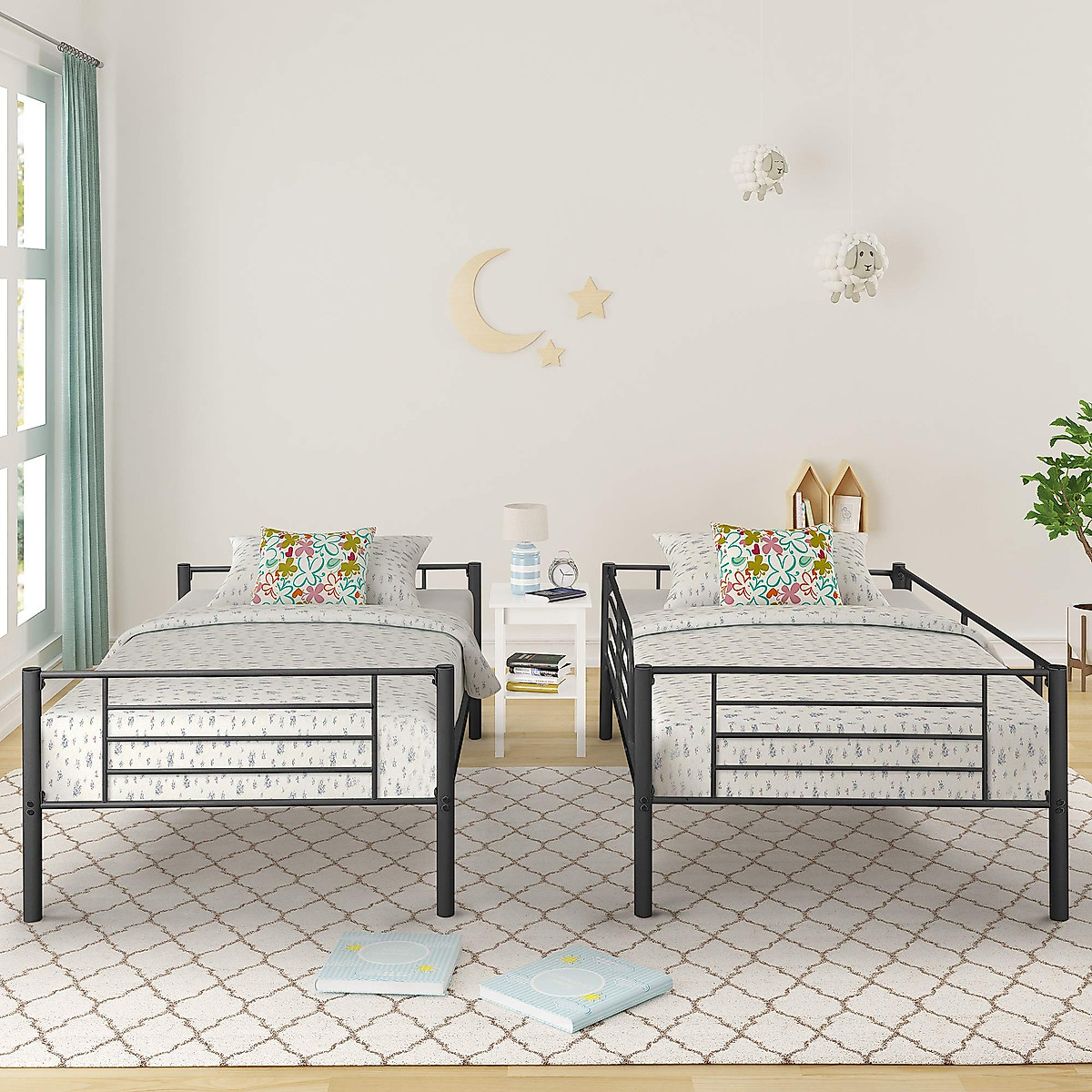 JULYFOX Steel Bunk Bed Twin Over Twin, Modern Metal Bed Frame 550 lb Heavy Duty with Stairs Side Guard Rails 10.8 inch Storage Space No Box Spring Needed 2 Twin Bed Platform for Kids Teens Black