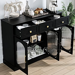 HIFIT Black Sideboard Buffet Cabinet with Storage 47.2"W Kitchen Storage Cabinet with 3 Glass Doors and 3 Drawers, Coffee Bar Cabinet for Kitchen, Dinning Room, Living Room, 47.2"W x 15.6"D x 35.3"H