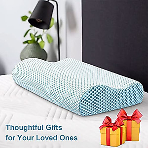 Anvo Memory Foam Pillow, Neck Contour Cervical Orthopedic Pillow for Sleeping Side Back Stomach Sleeper, Ergonomic Bed Pillow for Neck Pain - Blue White, Firm