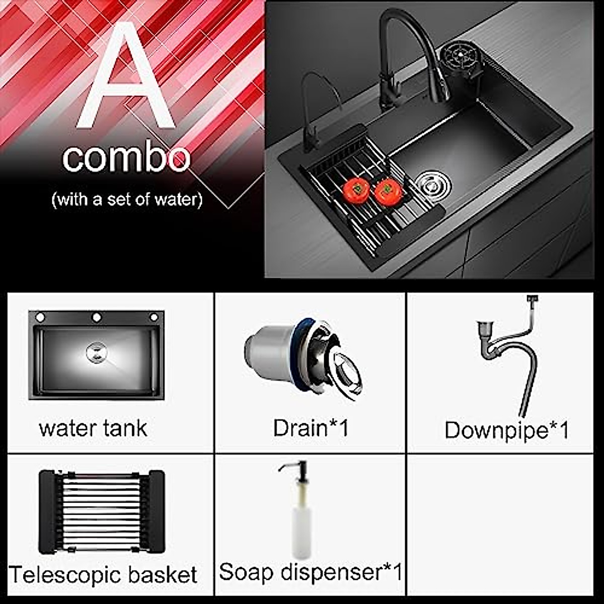 Commercial Restaurant Kitchen Sink, Kitchen Sink Stainless Steel Single Bowl With Pull-Out Faucet Single Bowl Big Sinks, 304 Stainless Steel Sink With Drain Strainer And Accessories (Color : A, Size