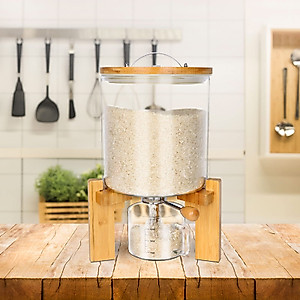 5L Glass Rice Dispenser Large Flour and Cereal Container Rice Storage Container with Airtight Lid,Wooden Stand&Measuring Cup,Clear Kitchen Food Jars Glass Food Storage Container for Organization