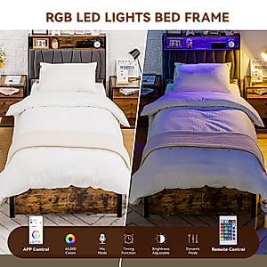 COMHOMA Twin Size Bed Frame, Platform Bed Frame with 2 Storage Drawers, Power Outlets, 2-Tier Storage Headboard and LED, Strong Support, No Box Spring Needed
