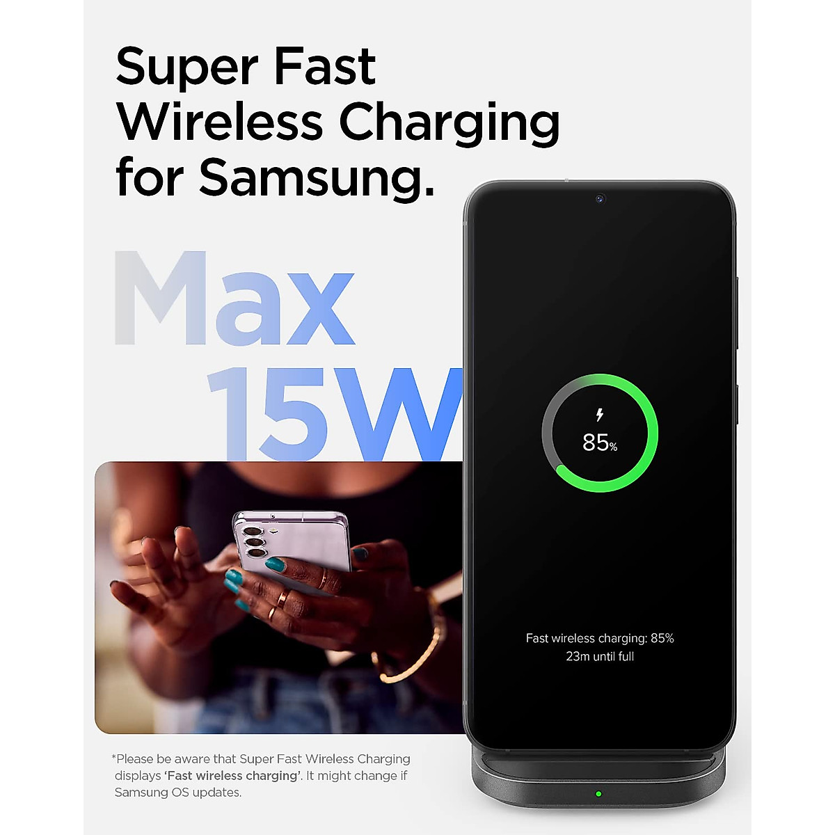 Spigen [Designed for Samsung] Qi Flex True 15W Super Fast Wireless Charger Stand & Pad for Samsung Galaxy S24 Plus Ultra S23 Z Fold Flip 5 4 S22 Note 20 S21 S20 Note 10 and More [No Adapter Included]