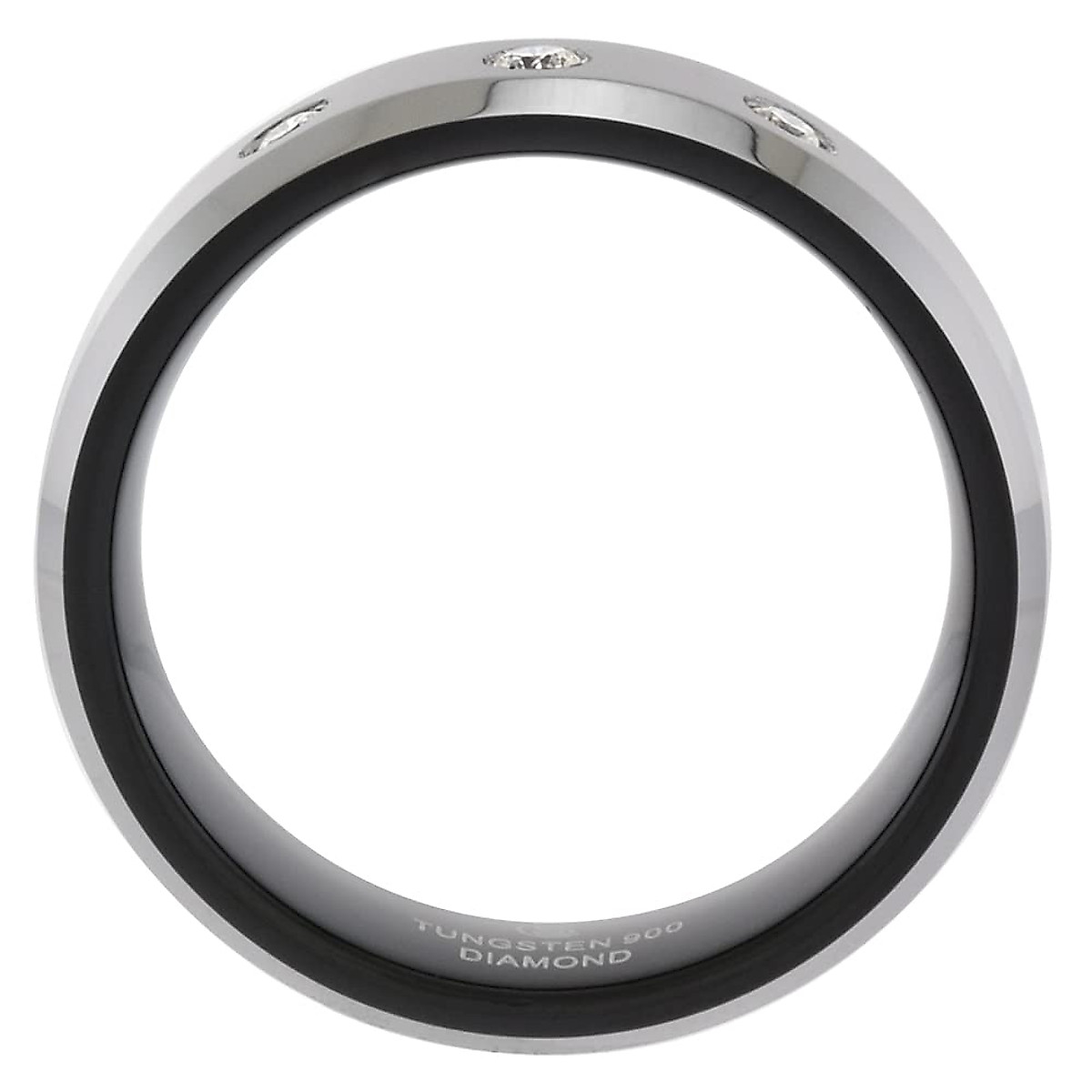 6mm Black Tungsten 3 Stone Diamond Wedding Ring Two-tone Beveled Edges Comfort fit, size 6.5