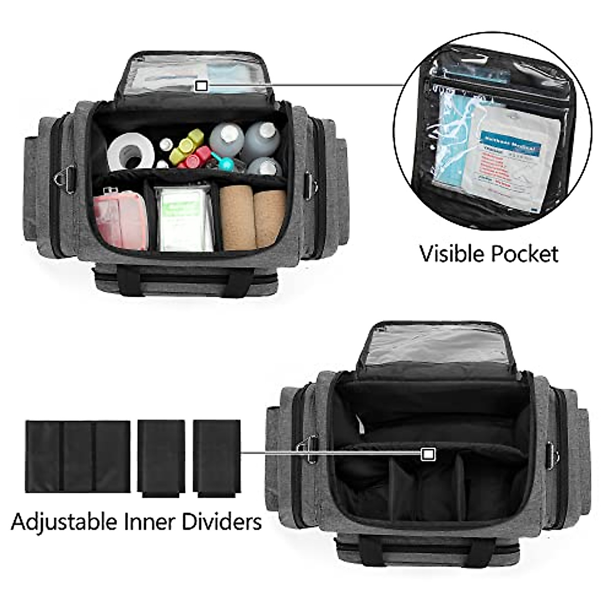 Damero Professional Medical Bag Empty, First Responder Trauma Bag with Detachable Dividers for Home Health Care, EMT, EMS, Gray(BAG ONLY)