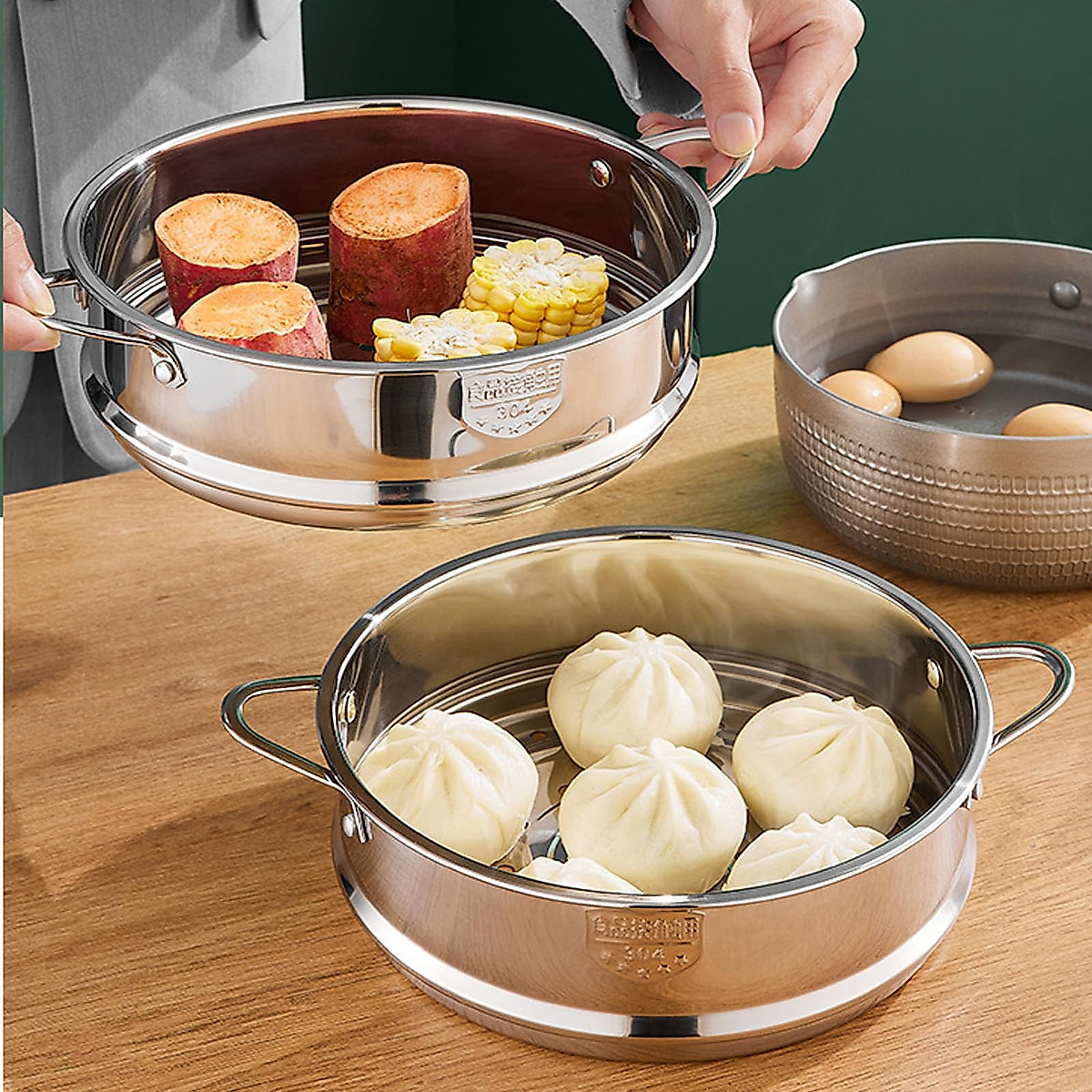 BinaryABC Stainless Steel Steamer Dumpling Steamer Food Steamer Basket Veggie Steamer Basket Rice Noodle Roll Steamer Insert Pot,20cm