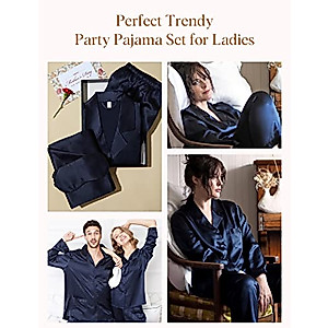 LilySilk Silk Pajamas for Women 100% Mulberry Silk 22 Momme Pajama Set Long Sleeve Button Down Sleepwear & Wide Trouser-Leg Pants Navy Blue M