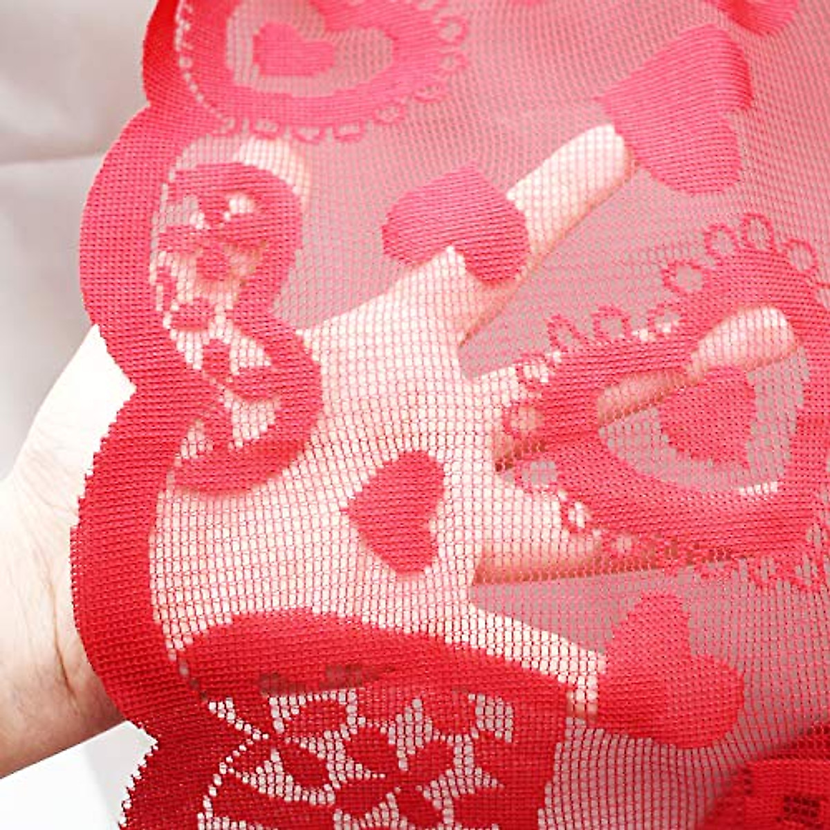 LaZimnInc Valentines Day Table Runner 72 x 13 Inch, Lace Embroidery Table Runners with Red Love Heart for Wedding Party Valentines Day Decorations