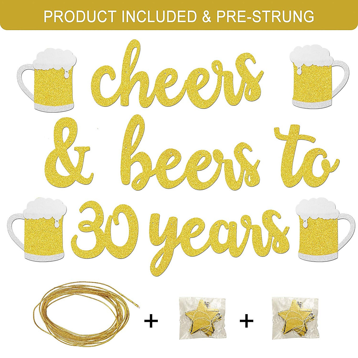 30th Birthday Decorations for Him/Her - 30th Birthday Gifts - Cheers & Beers to 30 Years Gold Glitter Banner - 30th Anniversary Decorations for Party, 30th Wedding Party Supplies for Men/Women