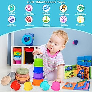 Balnore 6 in 1 Baby Toys 6 to 36 Months, 26pcs Montessori Toy, Identification Cloth Book, Infant Gifts Play Set Kids Sensory Learning Activity Infant Bath Time Fun for 1-4 Year Old Birthday Box