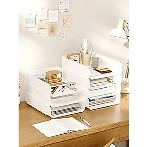 (4pcs Pack) HKeeper Stackable Paper Trays,Letter Tray Organizer,Office Desktop Organizer,A4 Paper Holder,Supplies Magazine,File Documents,Receipts（White）
