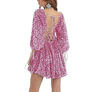 Yoawdats Women Sexy Sequin Tube Dress Square Neck Half Sleeve Backless Tie Up Sparkle Dress Disco Party Mini Dresses (Barbie Pink, S)