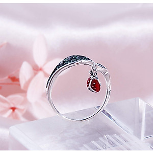 Helen de Lete Ladybug on Tree Leaf S925 Sterling Silver Adjustable Ring