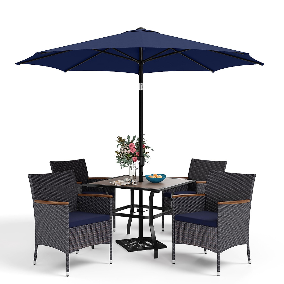 Sophia & William 5 Pieces Outdoor Furniture with 9ft Navy Patio Umbrella, Outdoor Patio Dining Set for 4 People, Square Faux Wood Patio Table and Rattan Chairs, Patio Furniture Set with Seat Cushions