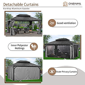 oneinmil 12x16FT Outdoor Gazebo, Heavy Duty Metal Double Roof Hardtop Gazebo with Aluminum Frame and Netting and Curtains for Patios