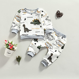 Newborn Infant Baby Boy Girls Clothes Printed Gender Neutral Long Sleeve Sweatshirts Fall Winter Pants Outfits Clothing (White, 0-3 Months)