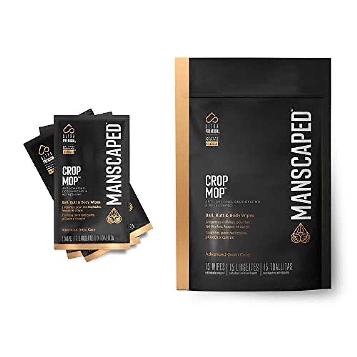 MANSCAPED™ Crop Mop™ World's First On-The-Go Individually Wrapped Ball Wipes, Anti-Chafing Male Hygiene Body Wipes, Cleaning Wipe Designed for the Male Groin Area with Refreshing Aloe Vera, 15 Pack