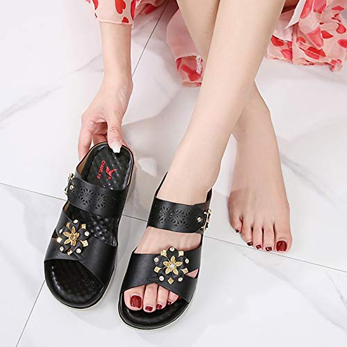 justHIGH Sandals for Women Summer Hollow Out Slip On Platform Sandal Wedge Shoes with Concealed Orthotic Arch Support
