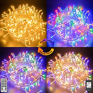 Decute Colors Changing Christmas Tree Lights 4 Colors in 1 String Lights, 11 Modes 300Leds 108FT Extendable Waterproof Indoor Outdoor Fairy Lights Warm White & Multicolor with Timer Remote