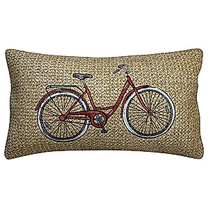 Honeycomb Indoor/Outdoor Raffia Bicycle Red Lumbar Toss Pillow: Woven Faux Jute, Recycled Polyester Fill, UV Resistant, Pack of 2 Pillows for Patio Furniture: 12” x 19” x 6”