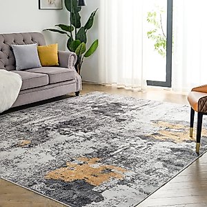 OIGAE Washable Rug 8x10, Abstract Modern Area Rugs with Non-Slip Backing, Non-Shedding Floor Mat Throw Carpet for Living Room Bedroom Kitchen Laundry Home Office, Grey/Yellow